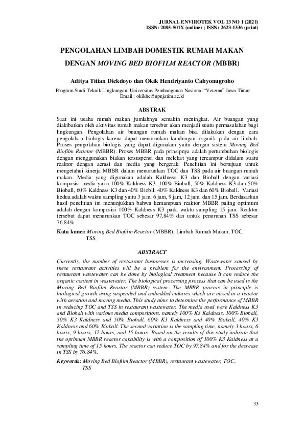 (PDF) Pengolahan Limbah Domestik Rumah Makan Dengan Moving Bed Biofilm Reactor (MBBR) | Okik H ...