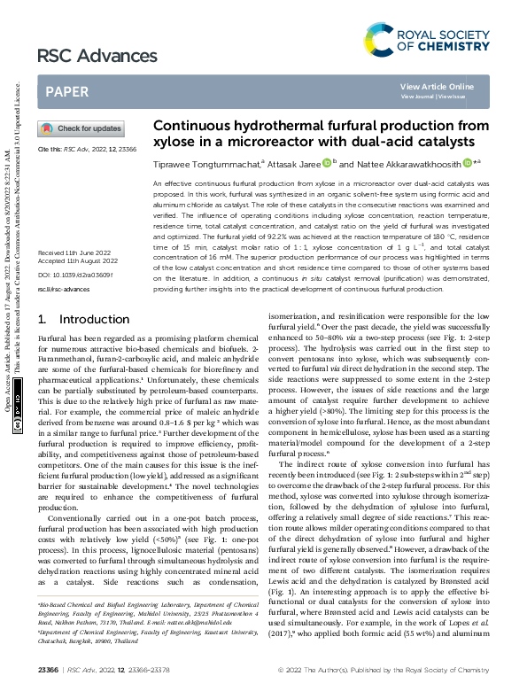 (PDF) Continuous hydrothermal furfural production from xylose in a ...