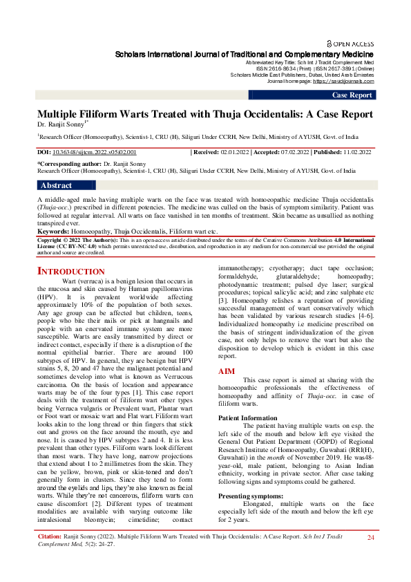 (PDF) Multiple Filiform Warts Treated with Thuja Occidentalis: A Case ...