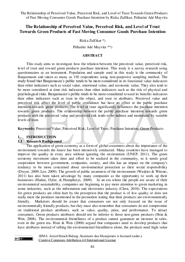 (PDF) The Relationship of Perceived Value, Perceived Risk, and Level of Trust Towards Green ...