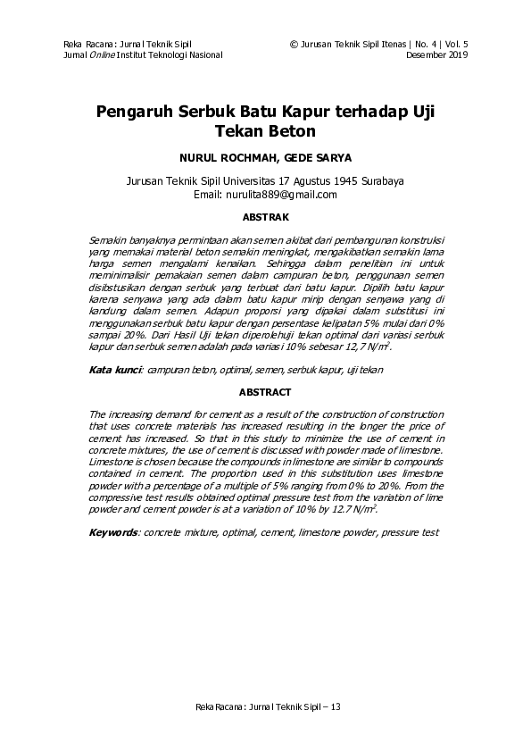 (PDF) Pengaruh Serbuk Batu Kapur terhadap Uji Tekan Beton. (Hal. 13-20)