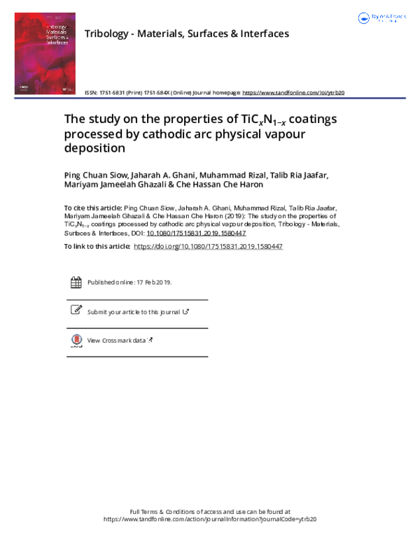 (PDF) The study on the properties of TiCxN1−x coatings processed by cathodic arc physical vapour ...