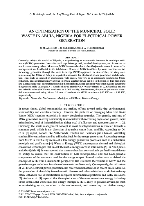 (PDF) An optimization of the municipal solid waste in Abuja, Nigeria for electrical power generation