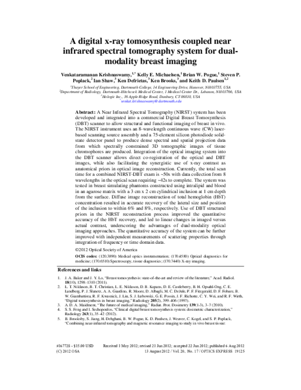 (PDF) A digital x-ray tomosynthesis coupled near infrared spectral ...