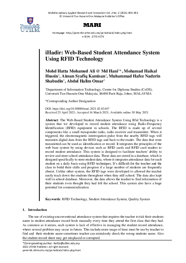 (PDF) iHadir: Web-Based Student Attendance System Using RFID Technology
