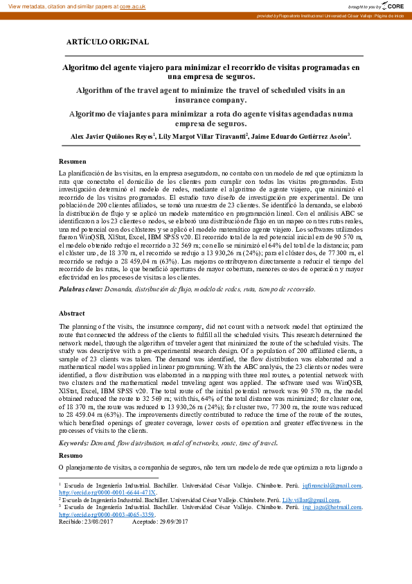 (PDF) Algoritmo del agente viajero para minimizar el recorrido de visitas programadas en una ...
