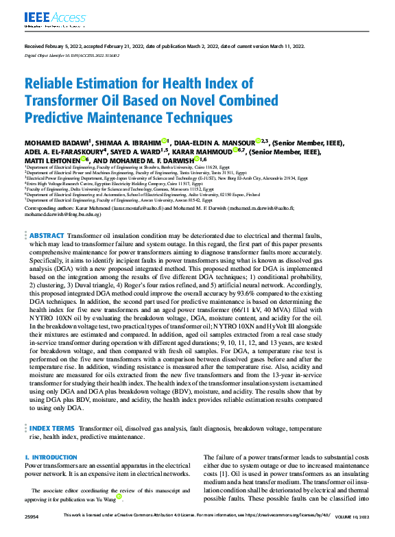 (PDF) Reliable Estimation for Health Index of Transformer Oil Based on ...