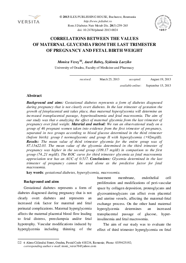 (PDF) Correlations Between the Values of Maternal Glycemia from the ...