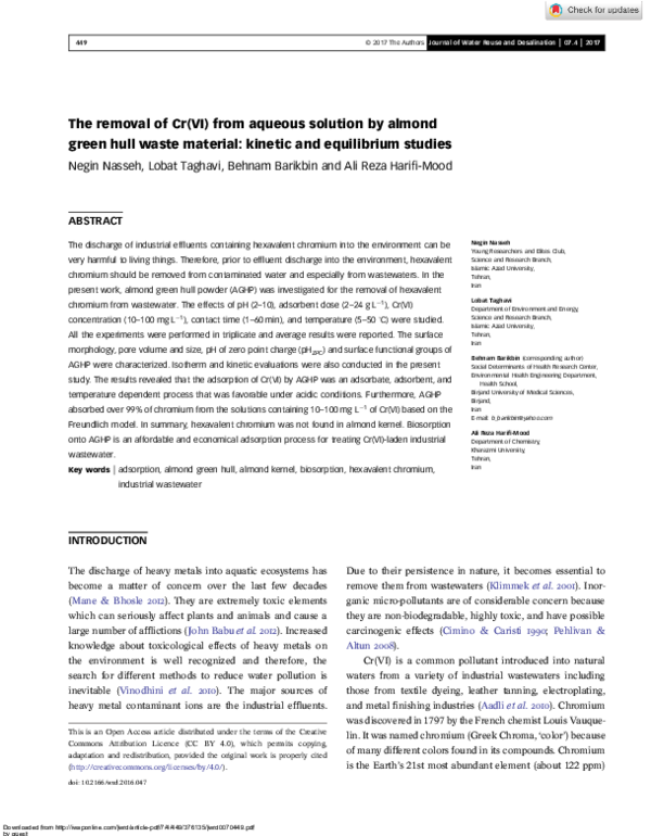 (PDF) The removal of Cr(VI) from aqueous solution by almond green hull waste material: kinetic ...