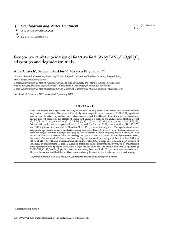 (PDF) Fenton-like catalytic oxidation of Reactive Red 195 by FeNi3/SiO2@H2O2: adsorption and ...