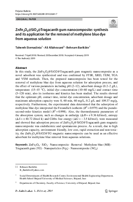 (PDF) ZnFe2O4@SiO2@Tragacanth gum nanocomposite: synthesis and its ...