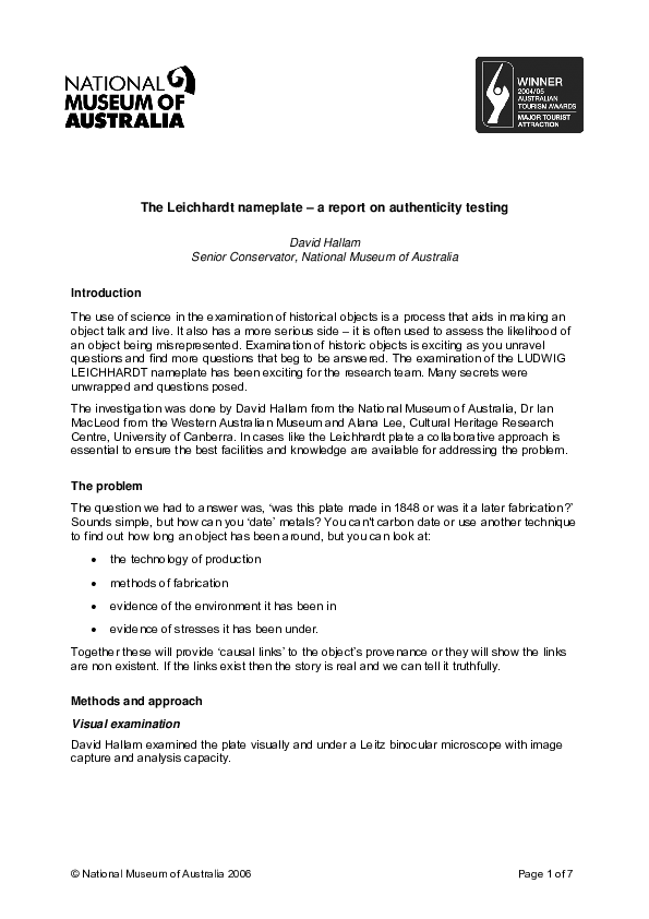(PDF) The Leichhardt nameplate - a report on authenticity testing