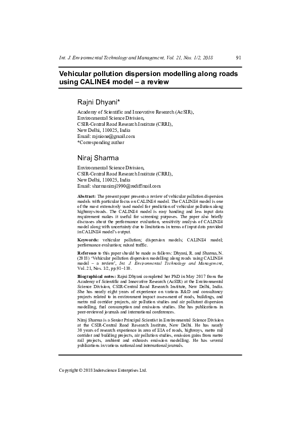 Pdf Vehicular Pollution Dispersion Modelling Along Roads Using Caline4 Model A Review