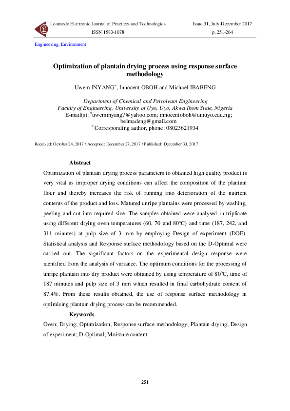 (PDF) Optimization of plantain drying process using response surface methodology