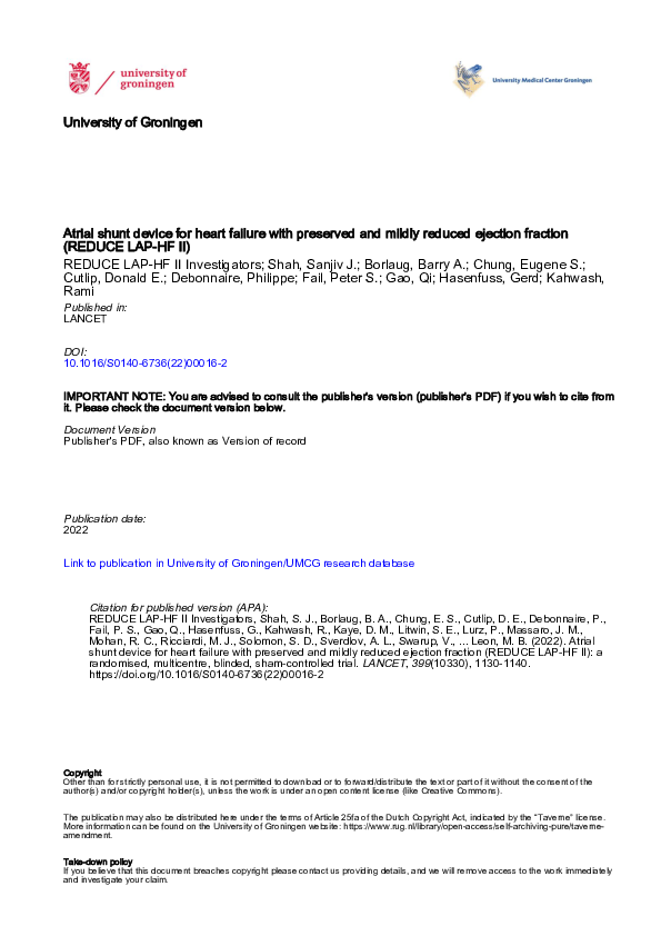 (PDF) Atrial shunt device for heart failure with preserved and mildly ...