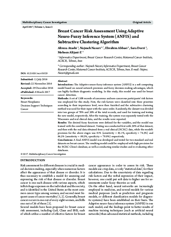 Pdf Breast Cancer Risk Assessment Using Adaptive Neuro Fuzzy Inference System Anfis And