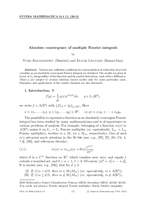 (PDF) Absolute convergence of multiple Fourier integrals