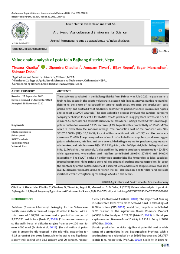 (PDF) Value chain analysis of potato in Bajhang district, Nepal