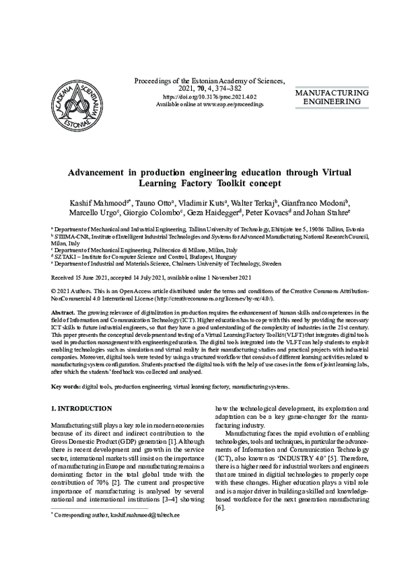 (PDF) Advancement in production engineering education through Virtual Learning Factory Toolkit ...