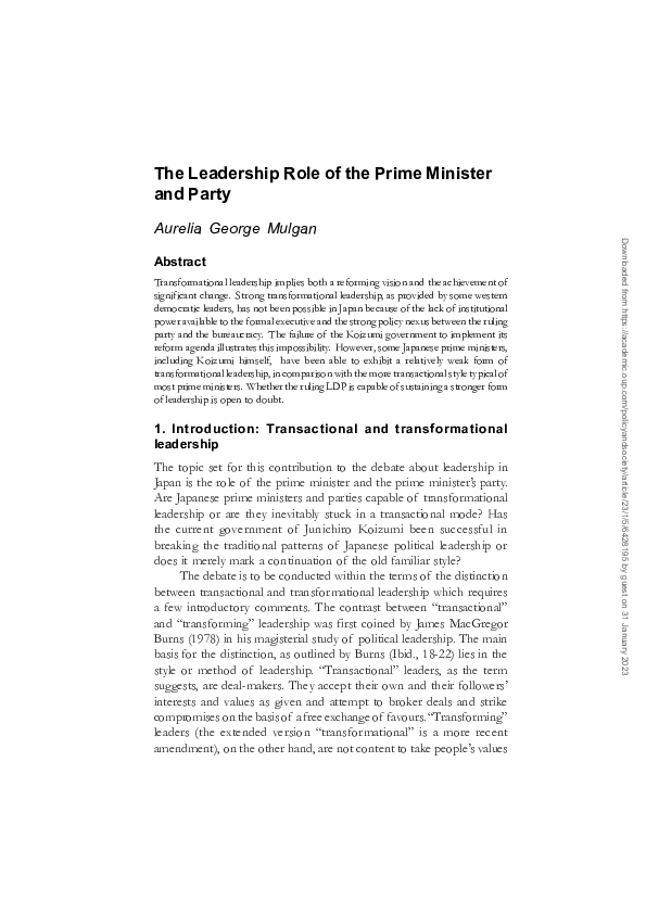 (PDF) The Leadership Role of the Prime Minister and Party
