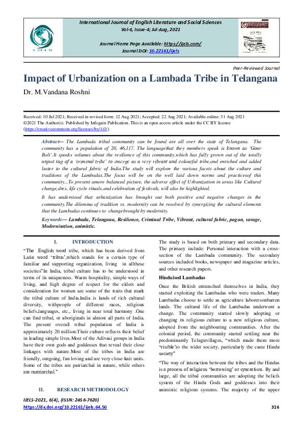 (PDF) Impact of Urbanization on a Lambada Tribe in Telangana