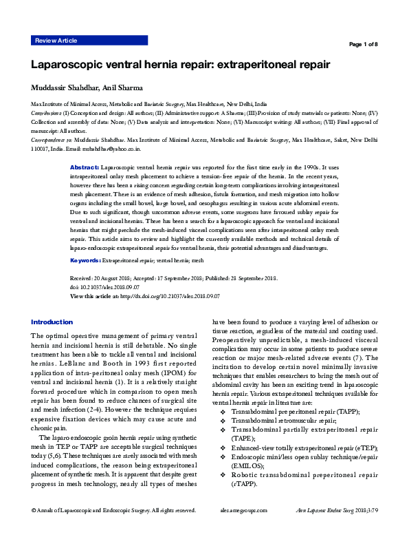 (PDF) Laparoscopic Ventral Hernia Repair with Extraperitoneal Mesh ...