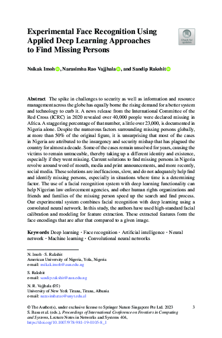 (PDF) Experimental Face Recognition Using Applied Deep Learning Approaches to Find Missing Persons