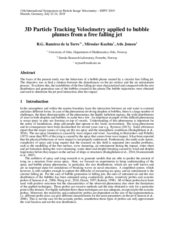 (PDF) 3D Particle Tracking Velocimetry applied to bubble plumes from a free falling jet