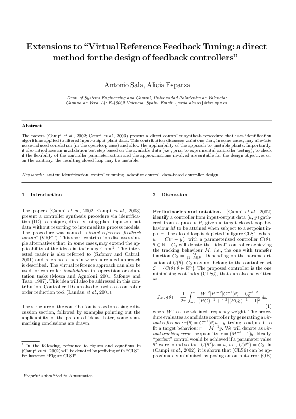 (PDF) Extensions to “virtual reference feedback tuning: A direct method for the design of ...