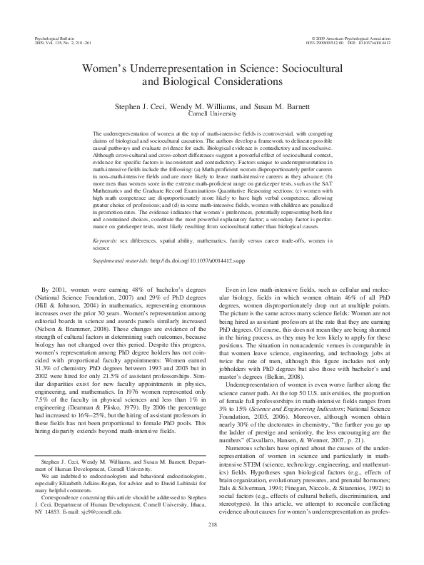 (PDF) Women's underrepresentation in science: sociocultural and ...