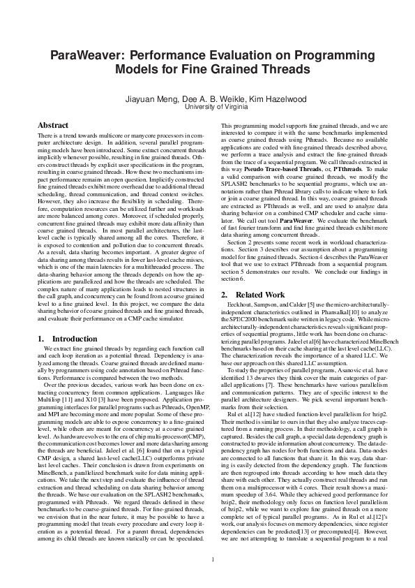 (PDF) ParaWeaver: Performance Evaluation on Programming Models for Fine Grained Threads