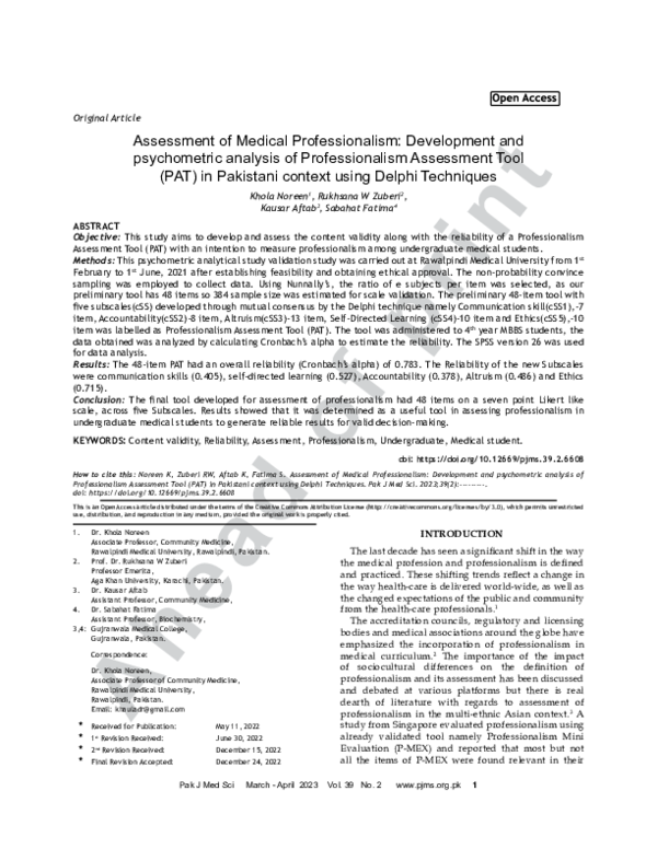 (PDF) Assessment of Medical Professionalism: Development and ...