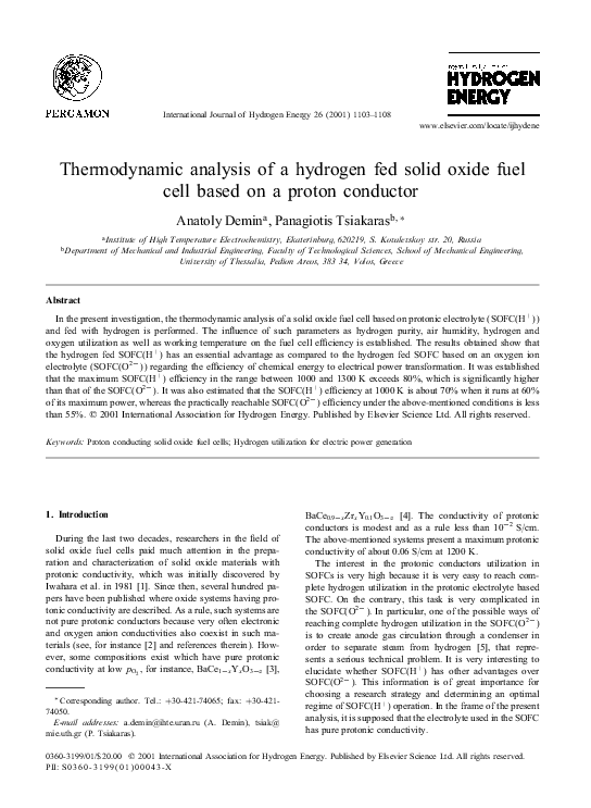 (PDF) Thermodynamic analysis of a hydrogen fed solid oxide fuel cell based on a proton conductor