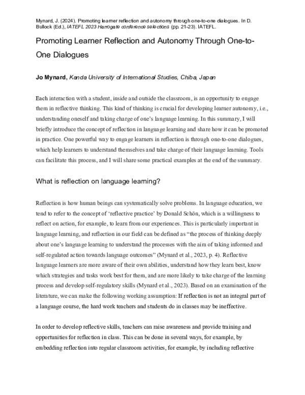(PDF) Promoting Learner Reflection and Autonomy Through One-to-One Dialogues