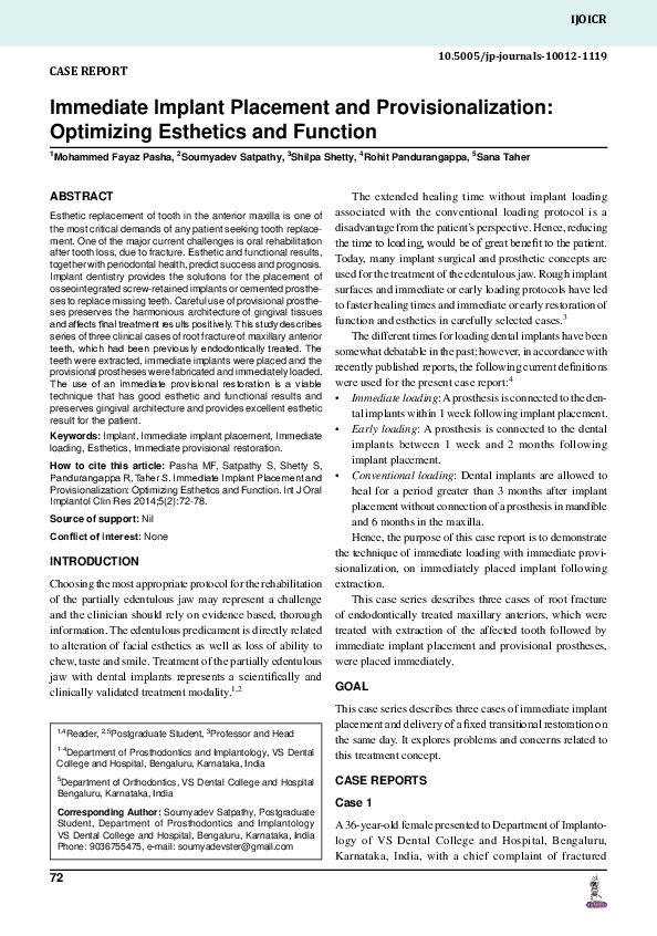 (PDF) Immediate Implant Placement and Provisionalization: Optimizing Esthetics and Function