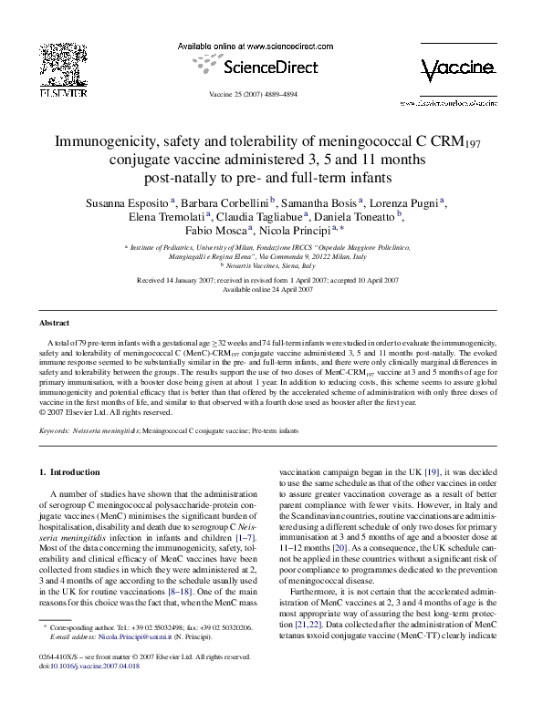 (PDF) Immunogenicity, safety and tolerability of meningococcal C CRM197 ...