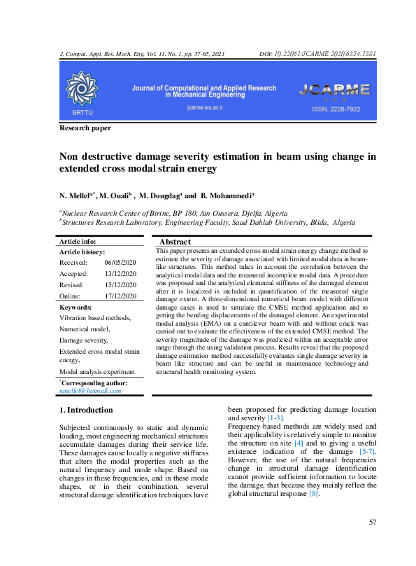 (PDF) Non destructive damage severity estimation in beam using change in extended cross modal ...