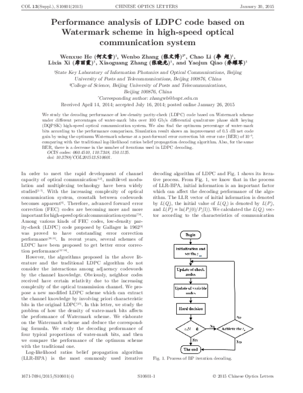 Pdf Performance Analysis Of Ldpc Code Based On Watermark Scheme In