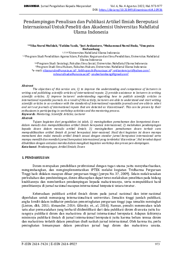 (PDF) Pendampingan Penulisan Dan Publikasi Artikel Ilmiah Bereputasi Internasional Untuk ...