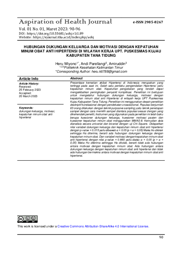 (PDF) Hubungan Dukungan Keluarga Dan Motivasi Dengan Kepatuhan Minum Obat Anti Hipertensi DI ...