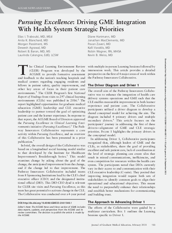 (PDF) Pursuing Excellence : Driving GME Integration With Health System ...