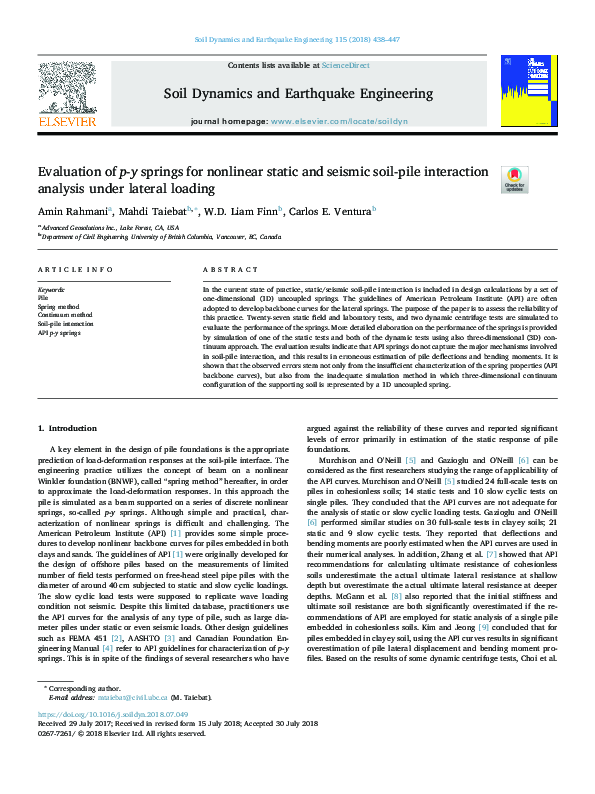 (PDF) Evaluation of p-y springs for nonlinear static and seismic soil-pile interaction analysis ...