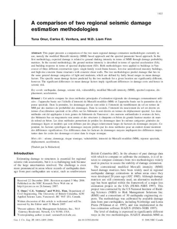 (PDF) A comparison of two regional seismic damage estimation methodologies
