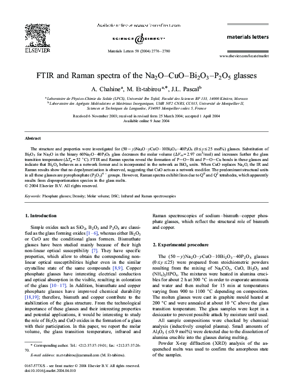 (PDF) FTIR and Raman spectra of the Na2O–CuO–Bi2O3–P2O5 glasses