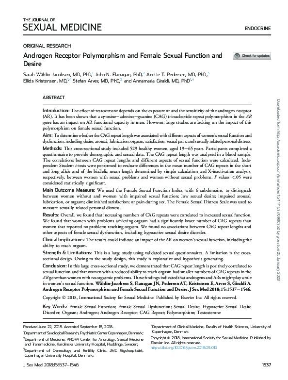 (PDF) Androgen Receptor Polymorphism and Female Sexual Function and Desire