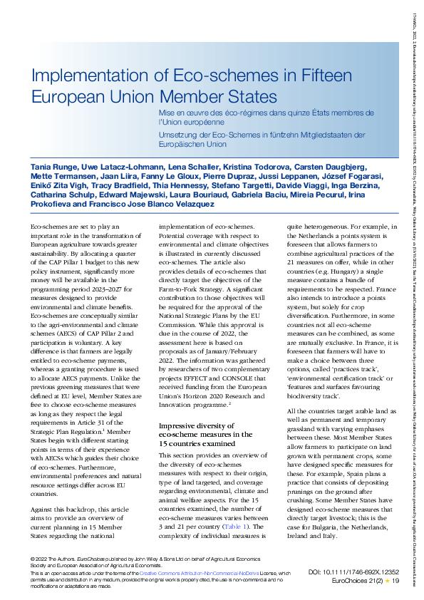 (PDF) Implementation of Eco‐schemes in Fifteen European Union Member States