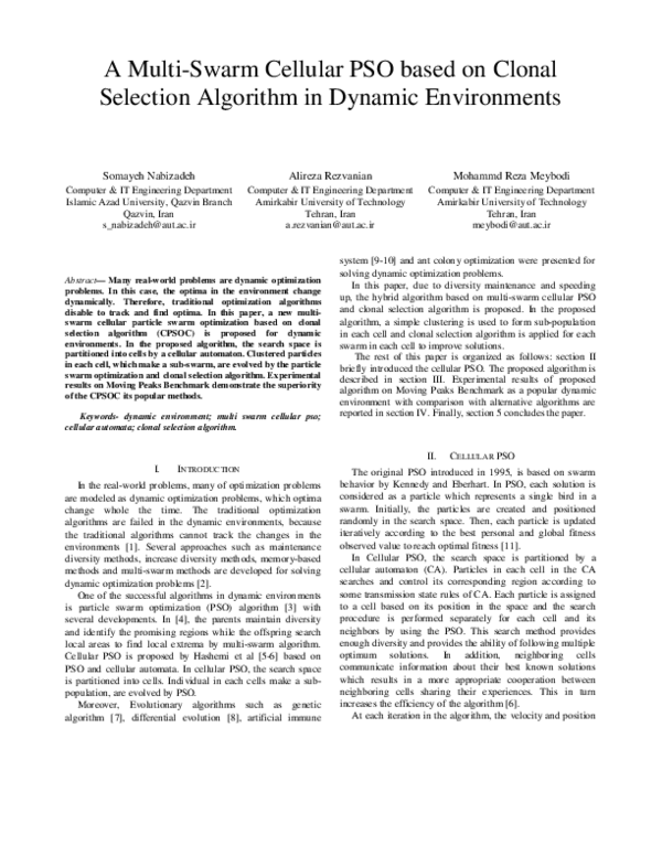 Pdf A Multi Swarm Cellular Pso Based On Clonal Selection Algorithm In