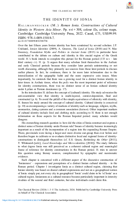 (PDF) The identity of ionia, Review of M. Hallmannsecker, Roman Ionia ...