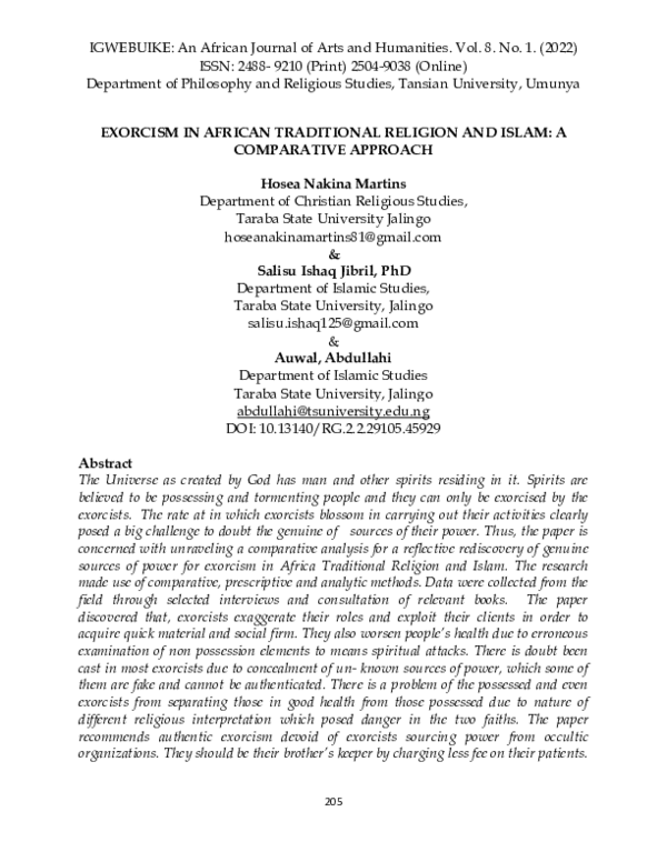(PDF) EXORCISM IN AFRICAN TRADITIONAL RELIGION AND ISLAM: A COMPARATIVE ...
