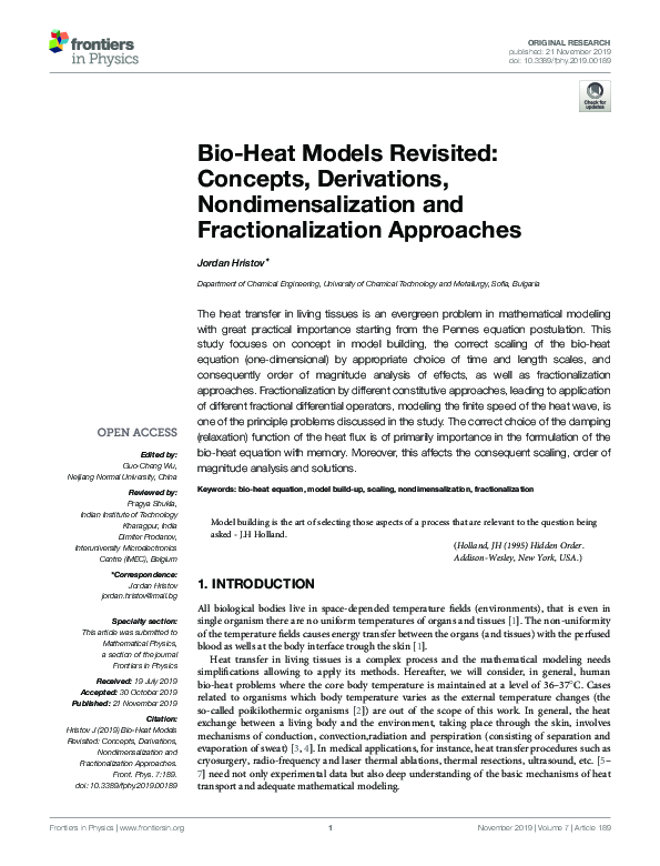 (PDF) Bio-Heat Models Revisited: Concepts, Derivations ...